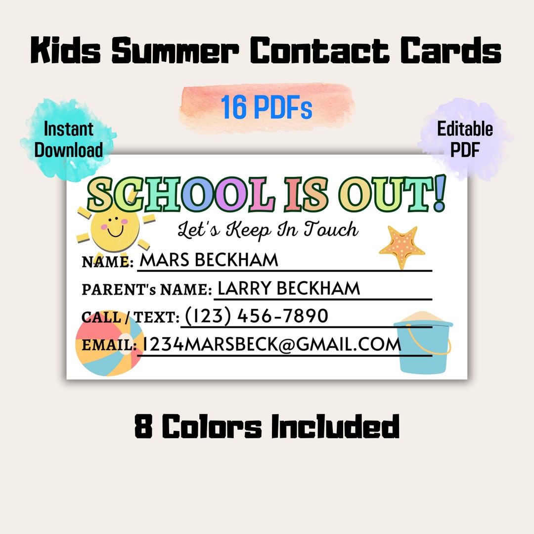 Editable Printable Kids Summer Contact Card, End of School Cards for ...