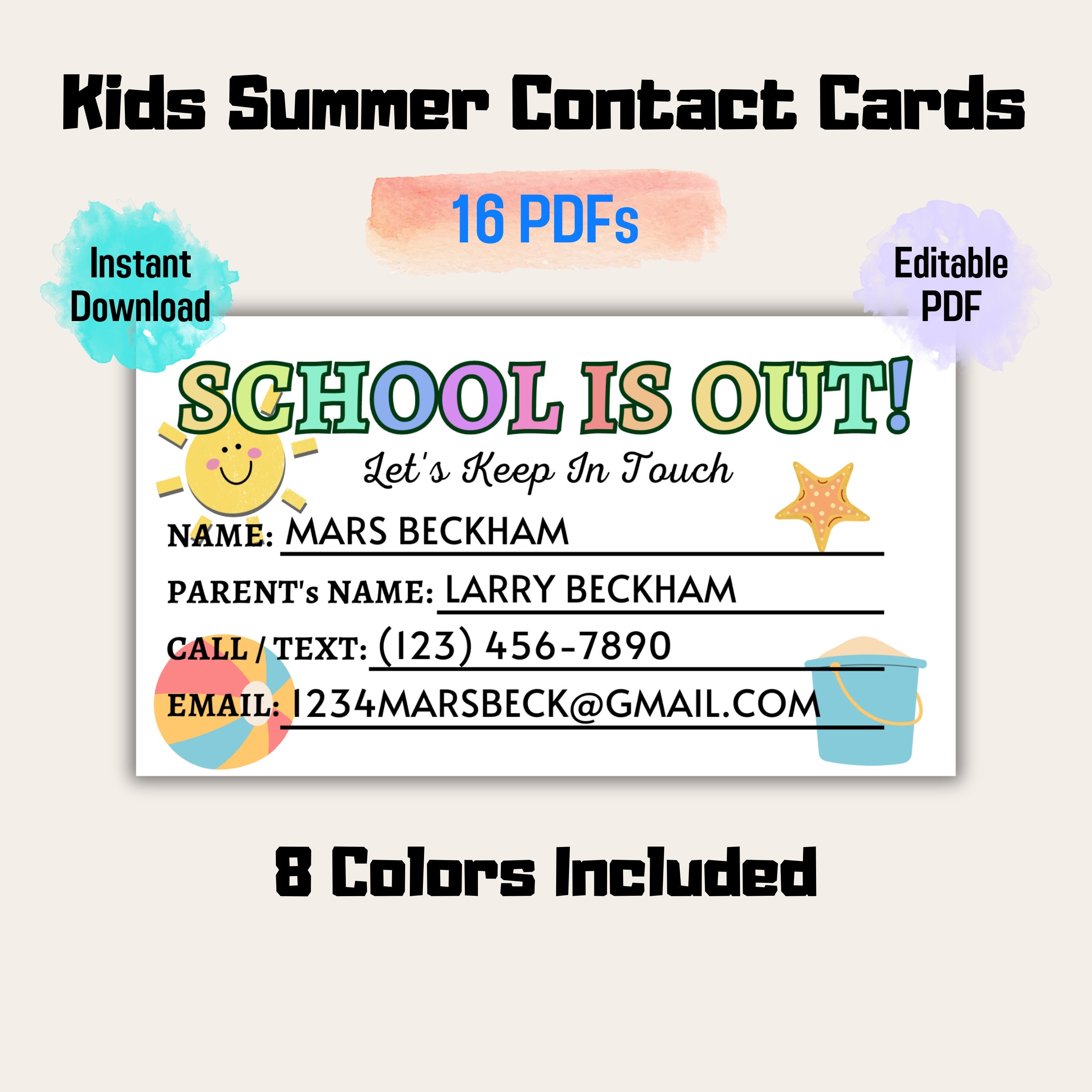 Editable Printable Kids Summer Contact Card, End of School Cards for ...