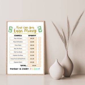 Printable How to Earn Money Chore Chart for Kids Warm Color Tone ...