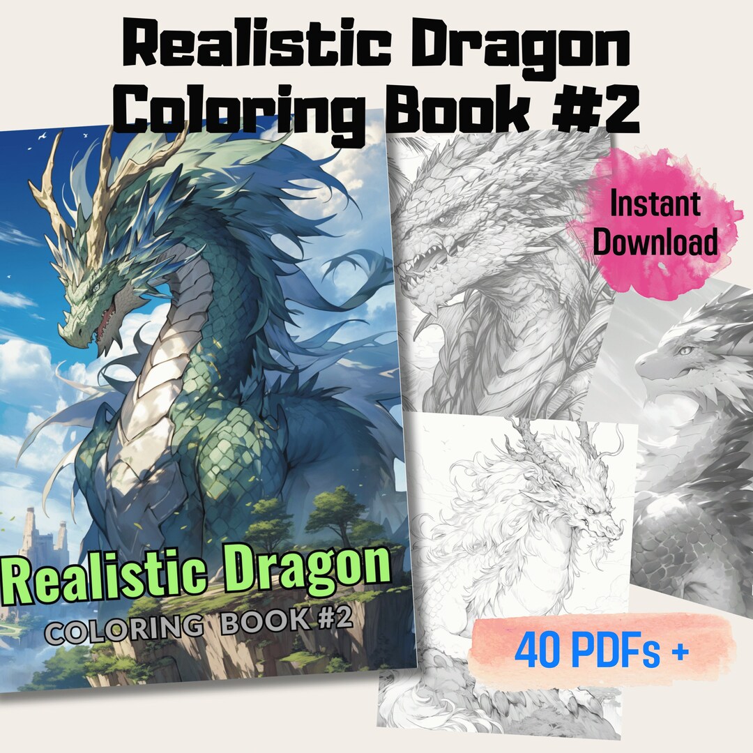 20 Pages Realistic Dragon Grayscale Coloring Book, Destress, Detailed ...