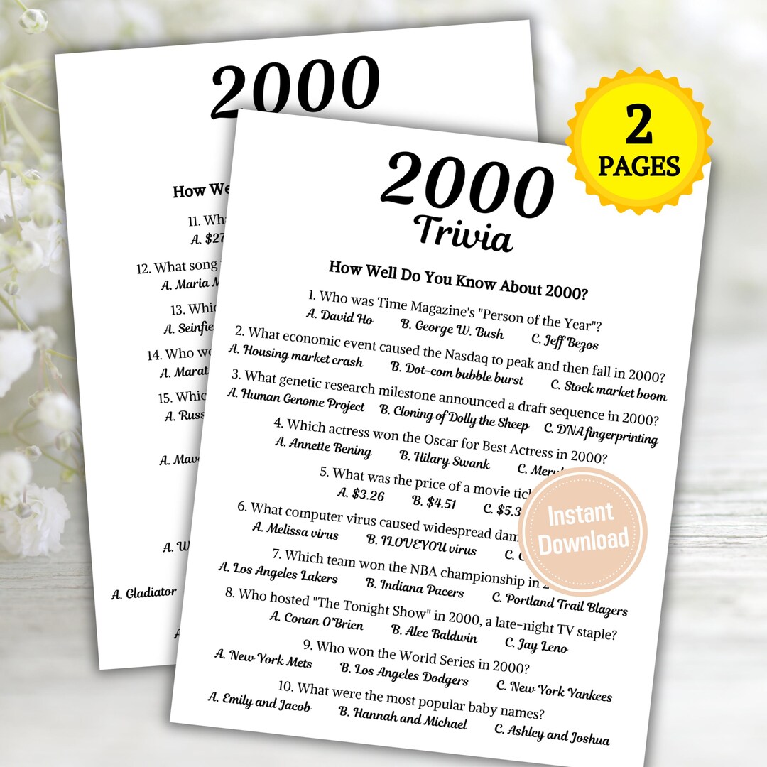 2000 Trivia Game | Printable 25th Birthday Party Game | Born in 2000 ...