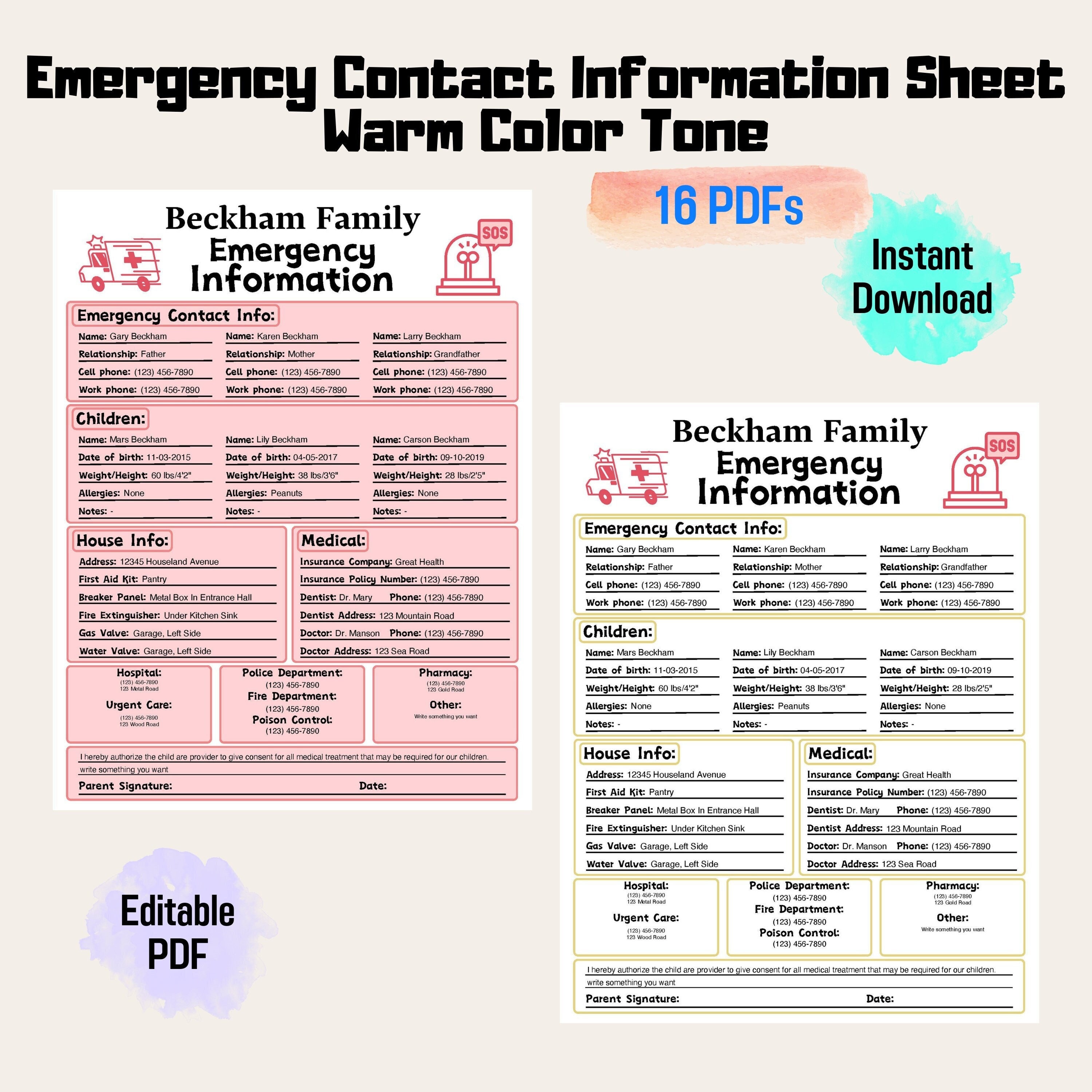 Emergency Contact Information Sheet Warm Color Tone, Babysitter ...