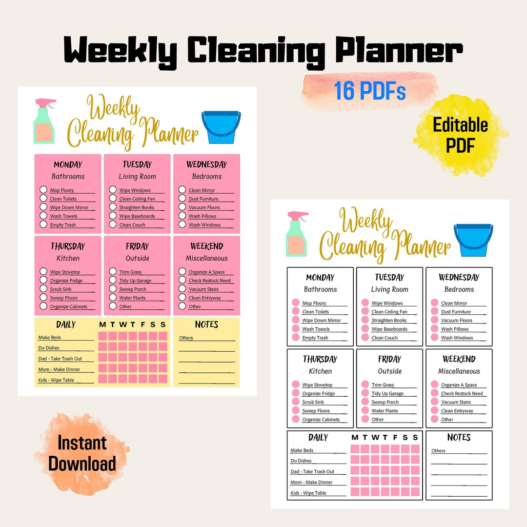 Printable Weekly Personal Cleaning Planner Warm Color Tone, Cleaning ...