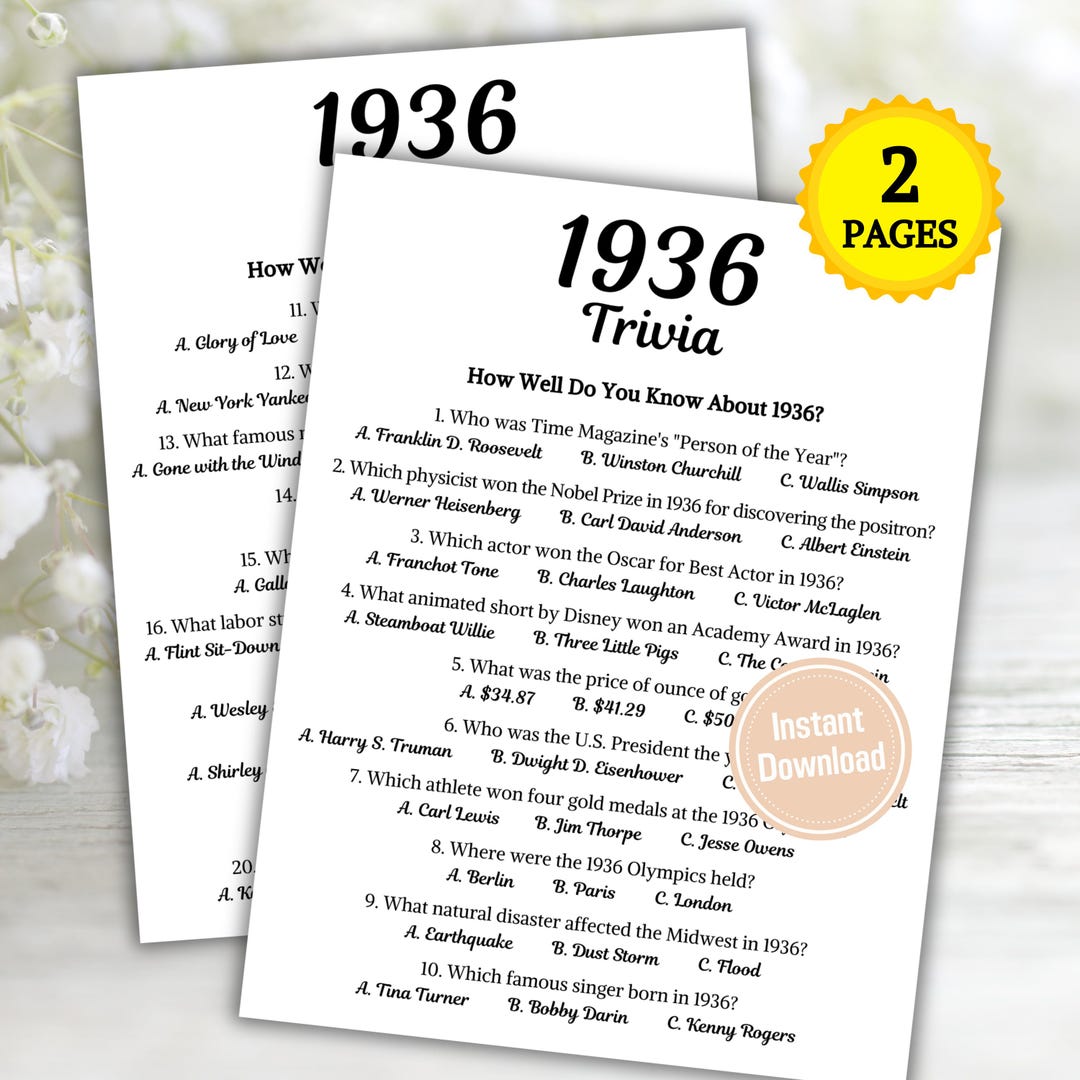 1936 Trivia Game | Printable 90th Birthday Party Game | Born in 1936 ...