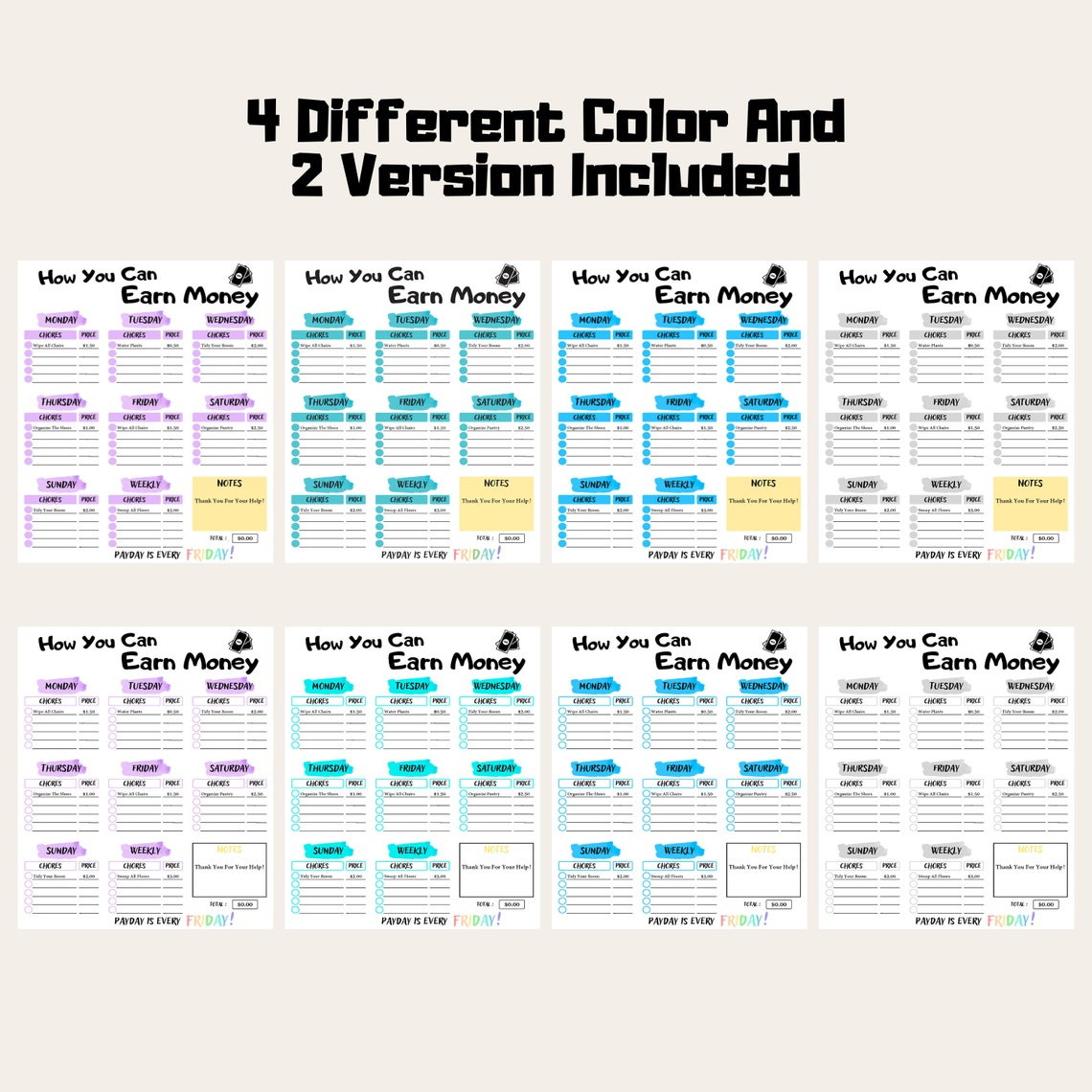 Editable Kids Chore Chart for Money Cool Color Tone, INSTANT Download ...