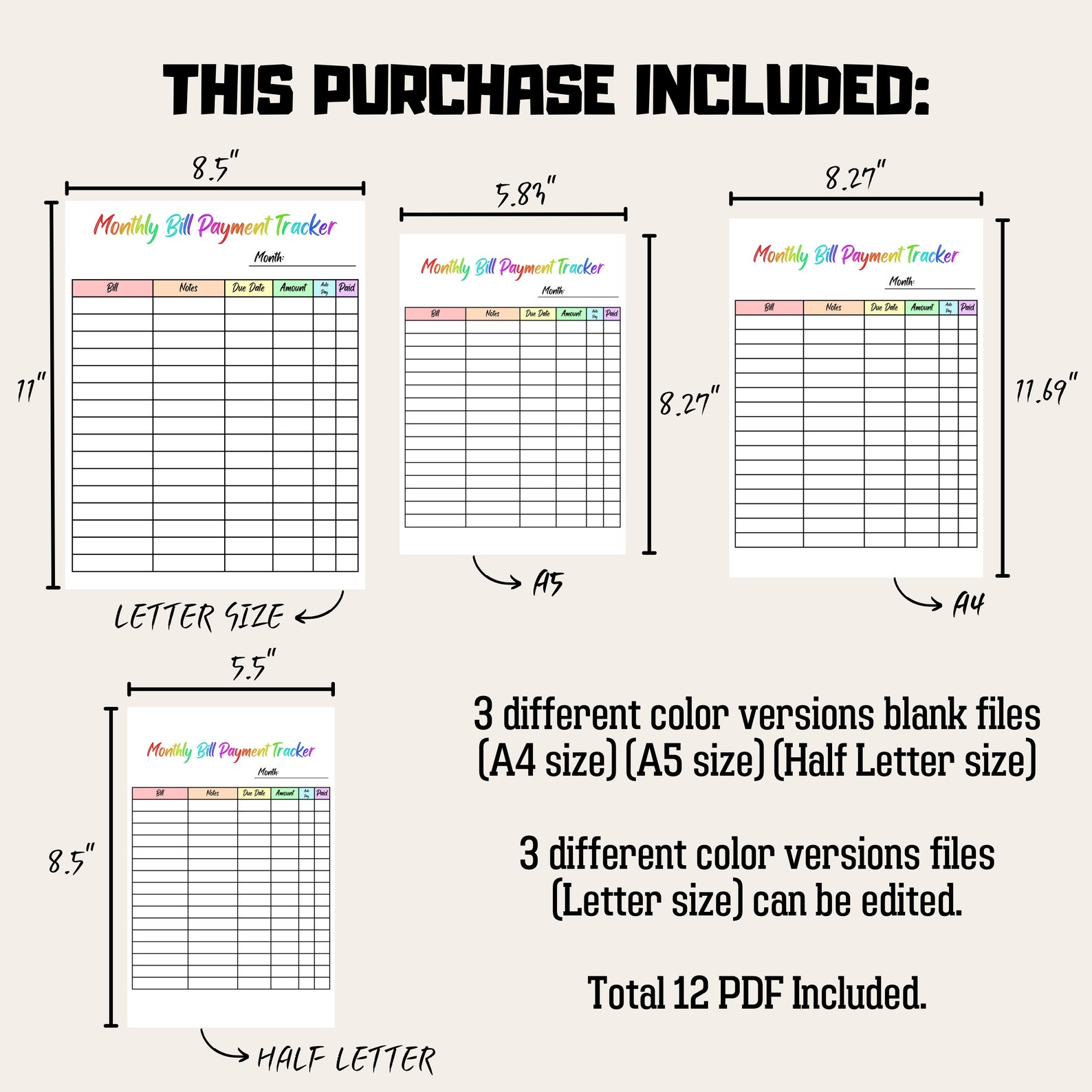 Bill Payment Tracker Rainbow Color Printable, Editable Monthly Bill ...