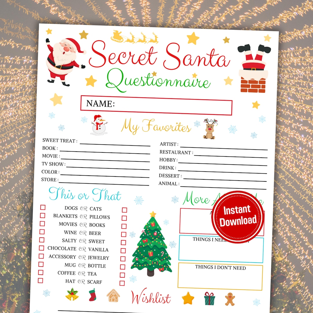 Secret Santa Questionnaire Printable | Christmas Gift Favorites Survey ...