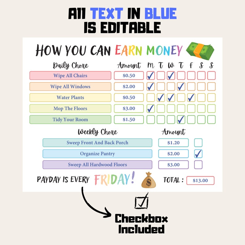 Editable Kids Chore Chart for Earning Money Rainbow Color, Editable ...