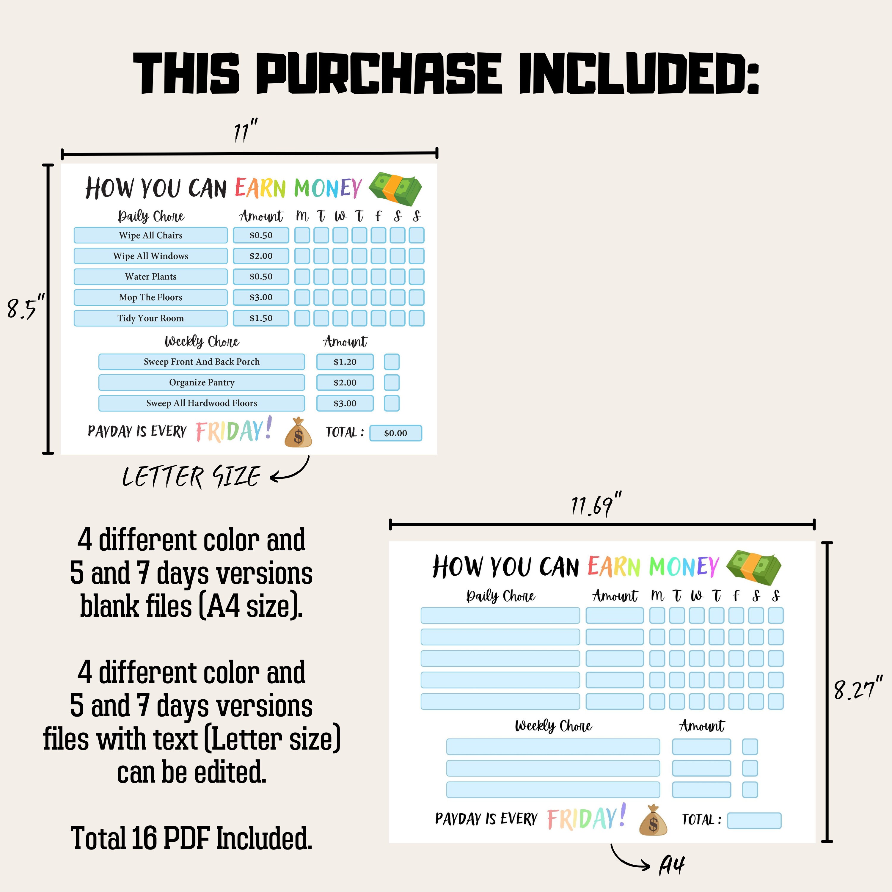 Editable Kids Chore Chart for Earning Money Cool Color Tone Editable ...