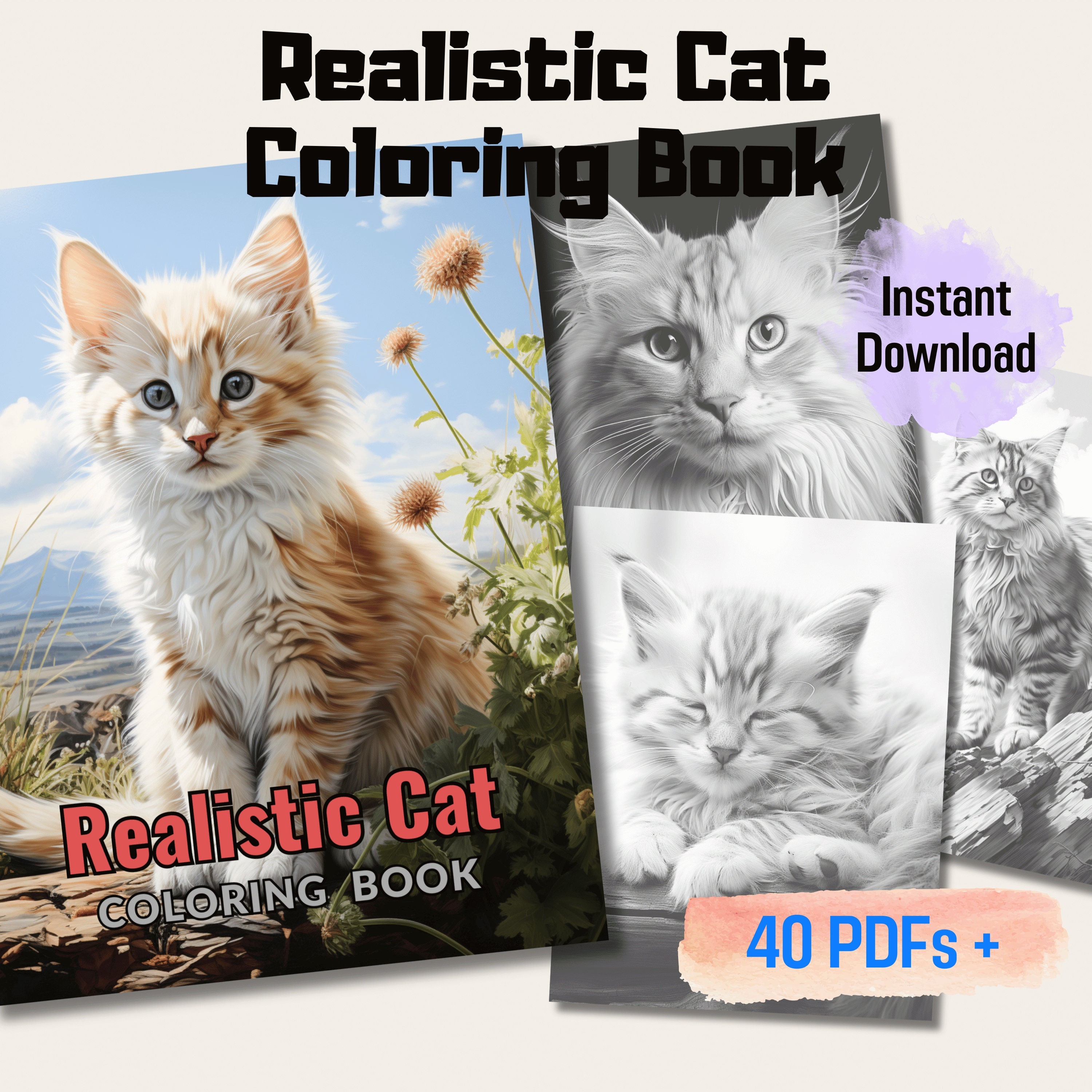 20 Realistic Cat Grayscale Coloring Book, Stress Relief and Relaxation ...