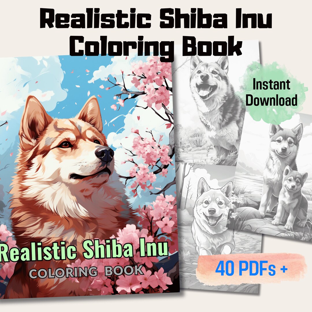Realistic Shiba Inu Coloring Book, 20 Shiba Inu Grayscale Coloring ...