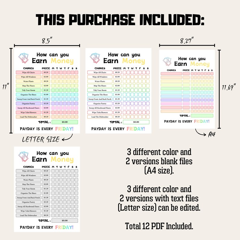 Editable Kids Chore Chart Rainbow Color Earn Money System Printable ...