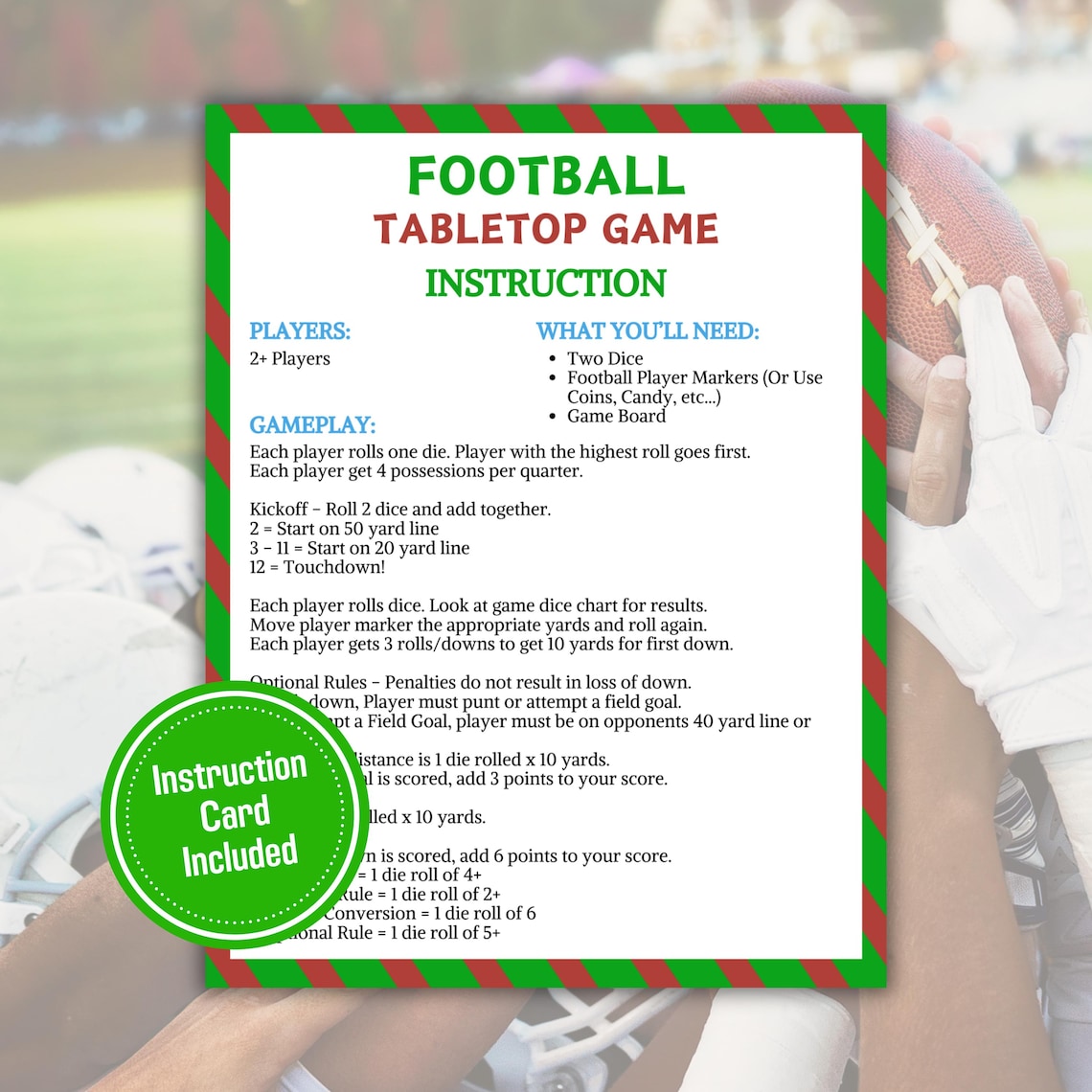 Football Tabletop Game | Printable American Football Dice Game ...
