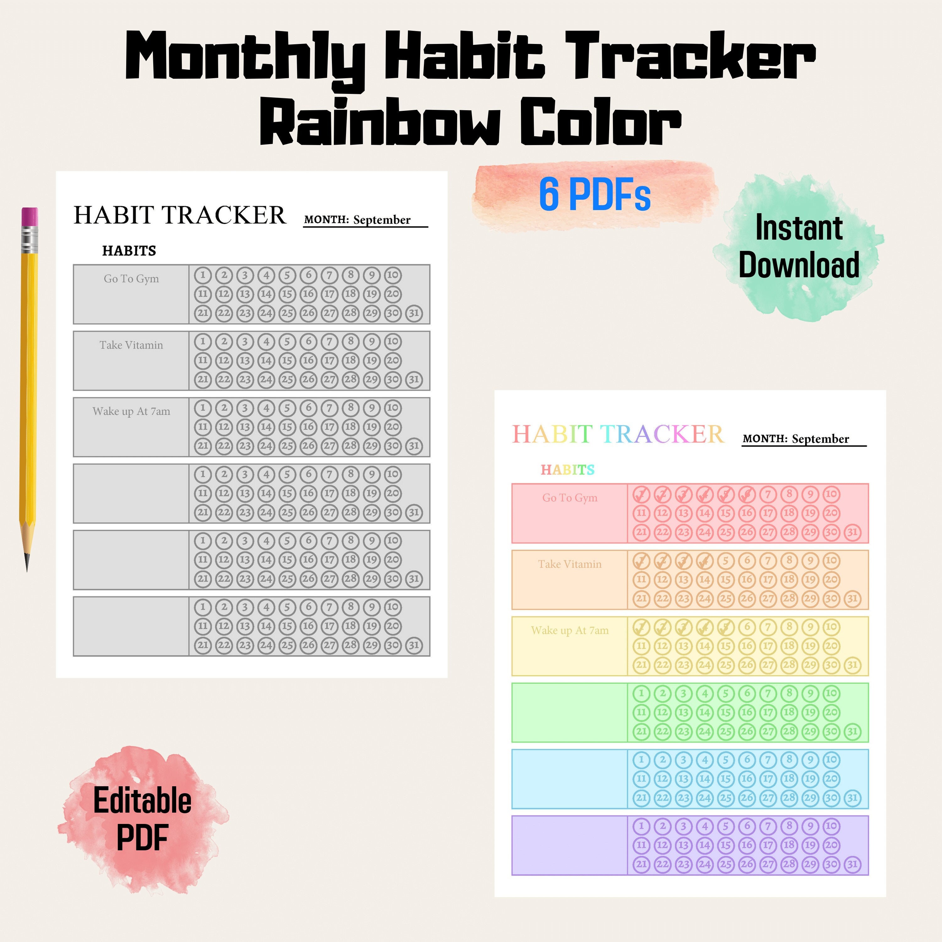 Monthly Habit Tracker Rainbow Color Printable, Habit Tracker Template ...
