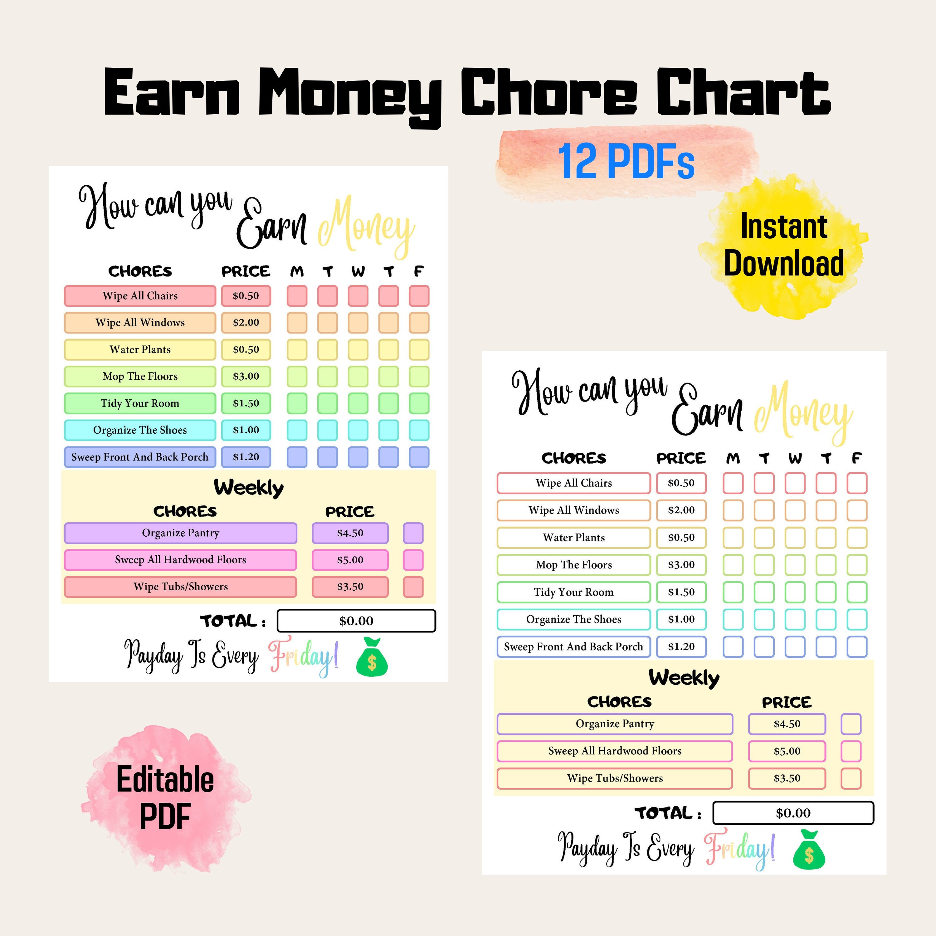 How to Earn Money Weekly Chore Chart Editable Allowance Chore Chart for ...