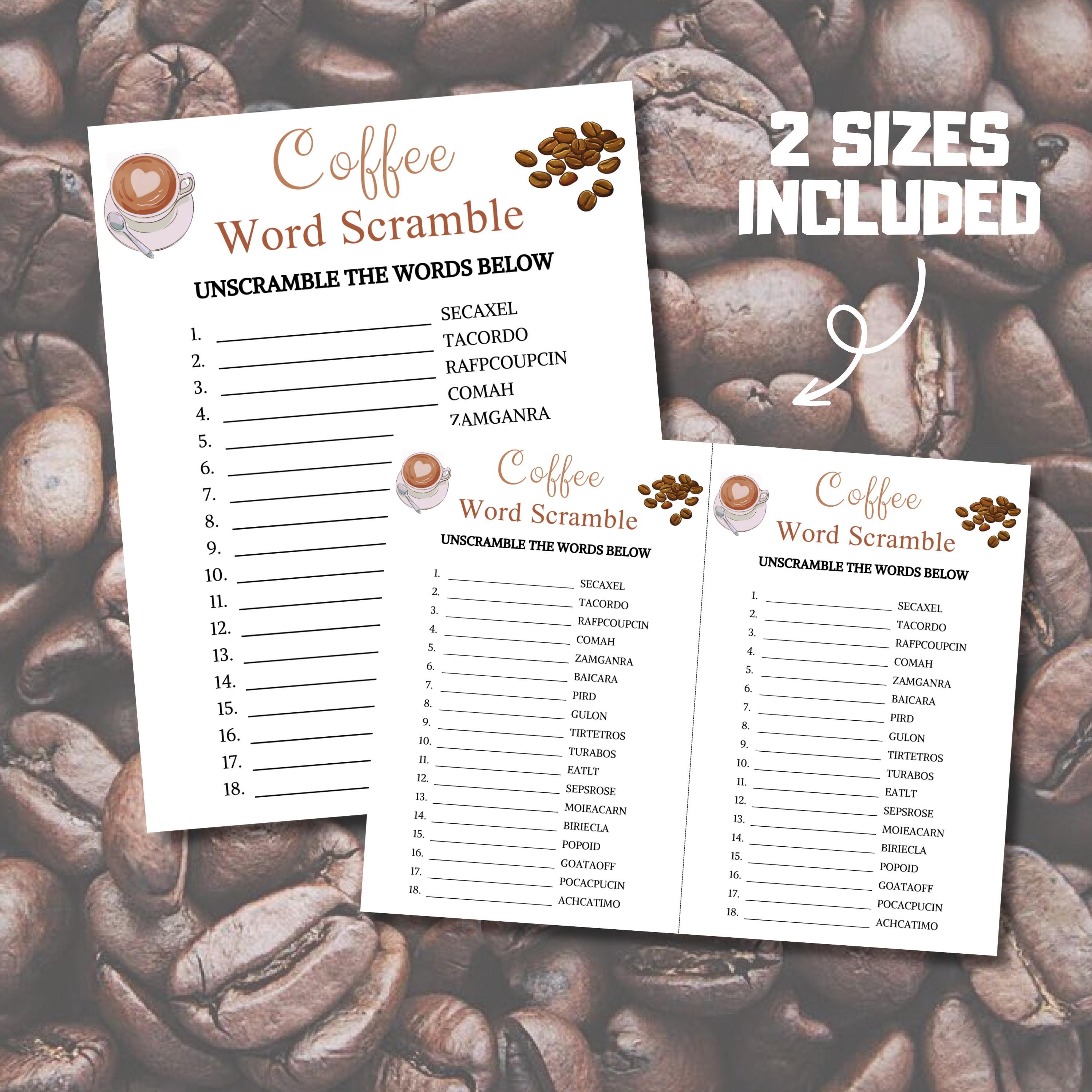 Coffee Word Scramble Game | Printable Coffee Tasting Party Games ...