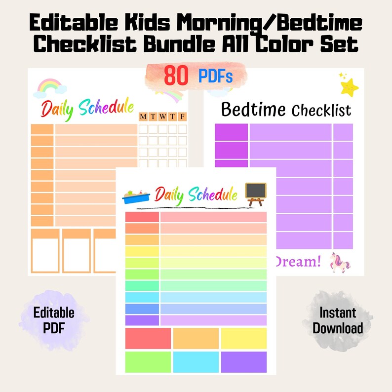 Editable Kids Morning/bedtime Checklist Bundle All Color Set, Kids ...