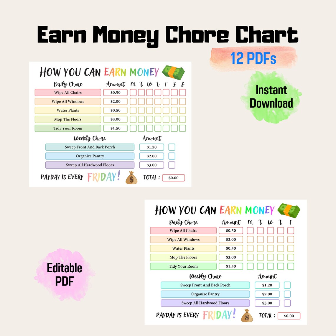 Editable Kids Chore Chart for Earning Money Rainbow Color, Editable ...