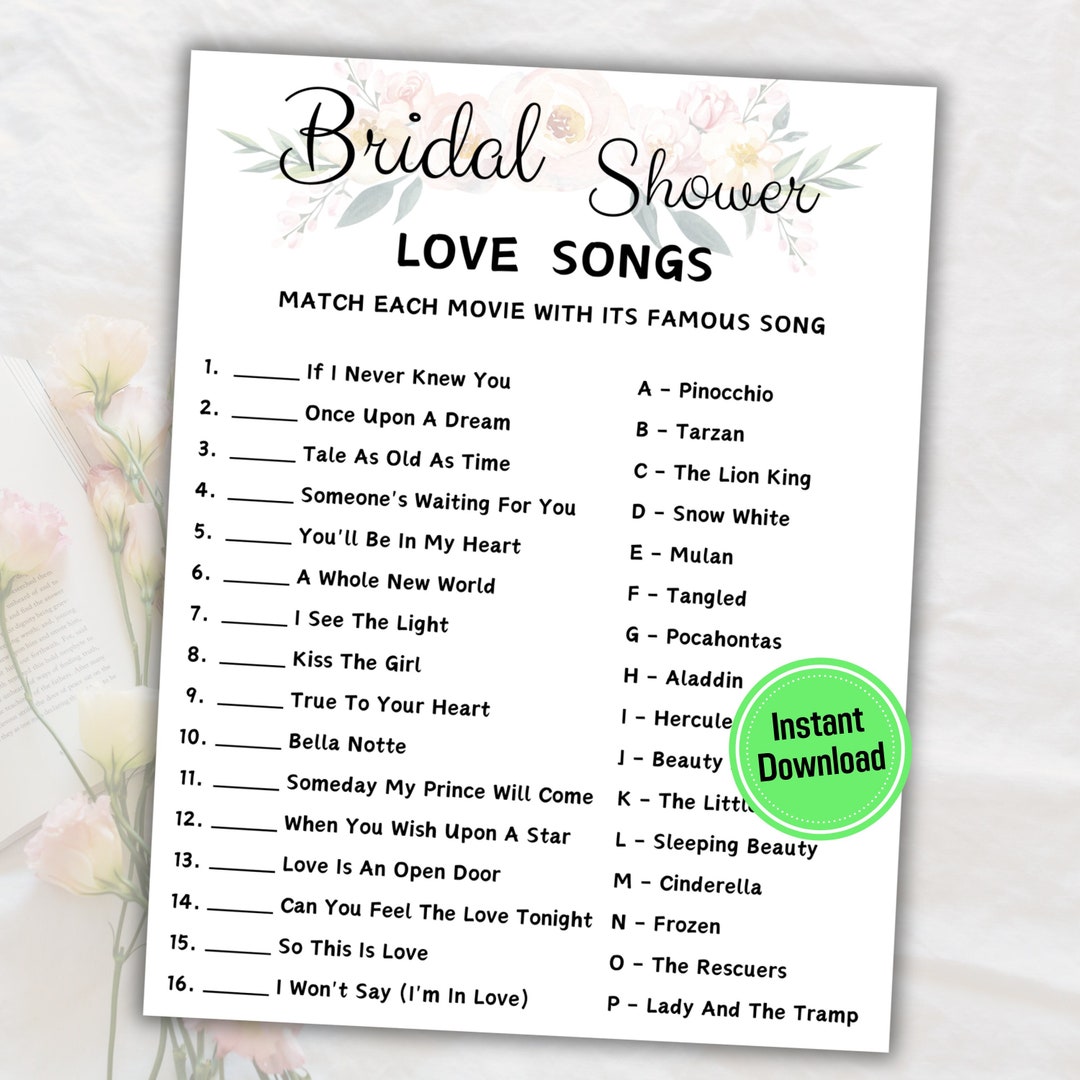 Love Song Bridal Shower Game | Printable Wedding Bridal Shower Game ...