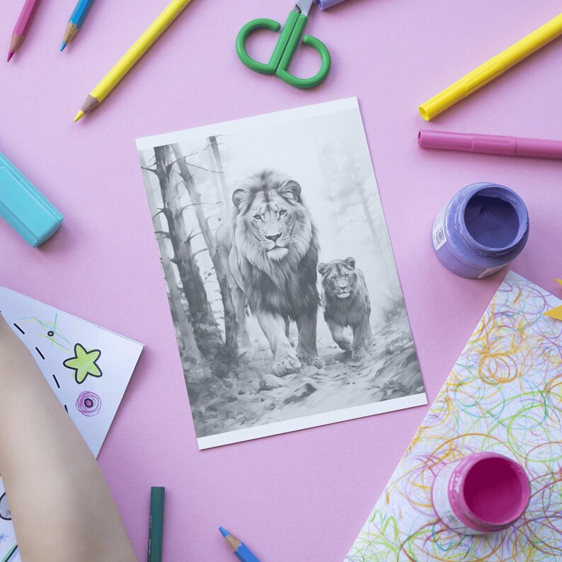 20 Pages Realistic Lion Grayscale Coloring Book, Coloring Pages for All ...