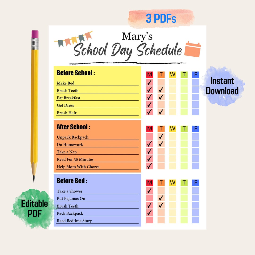 Kids Daily School Day Schedule | Kids Editable Daily Checklist ...