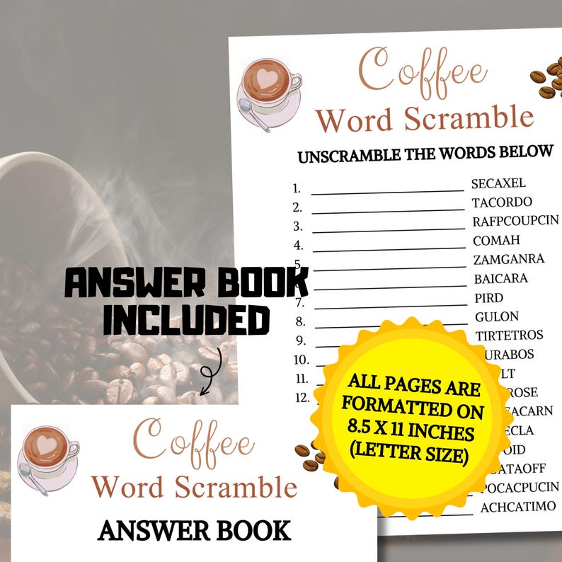 Coffee Word Scramble Game | Printable Coffee Tasting Party Games ...