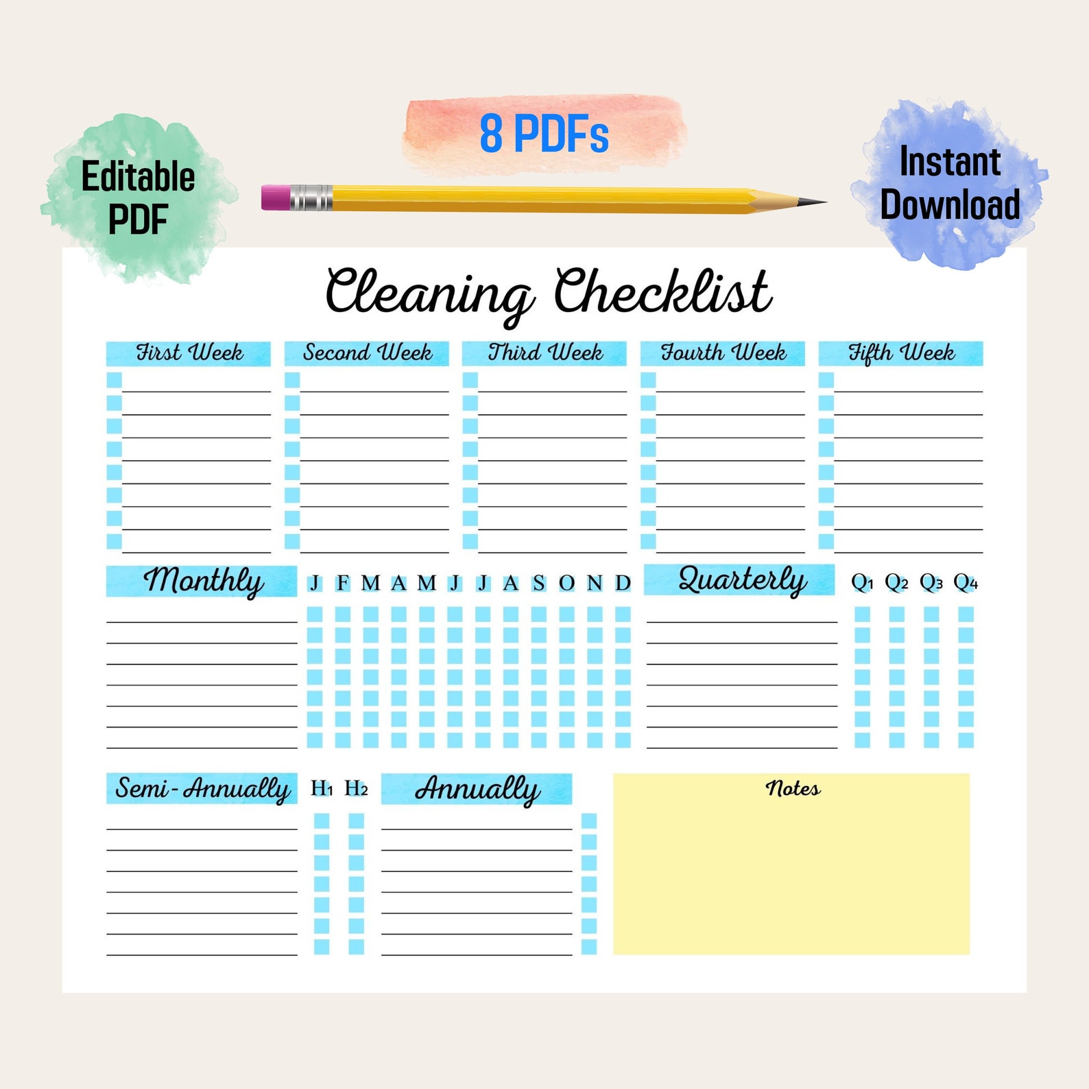 Customizable Printable Cleaning List Cool Color Tone, Weekly Cleaning ...