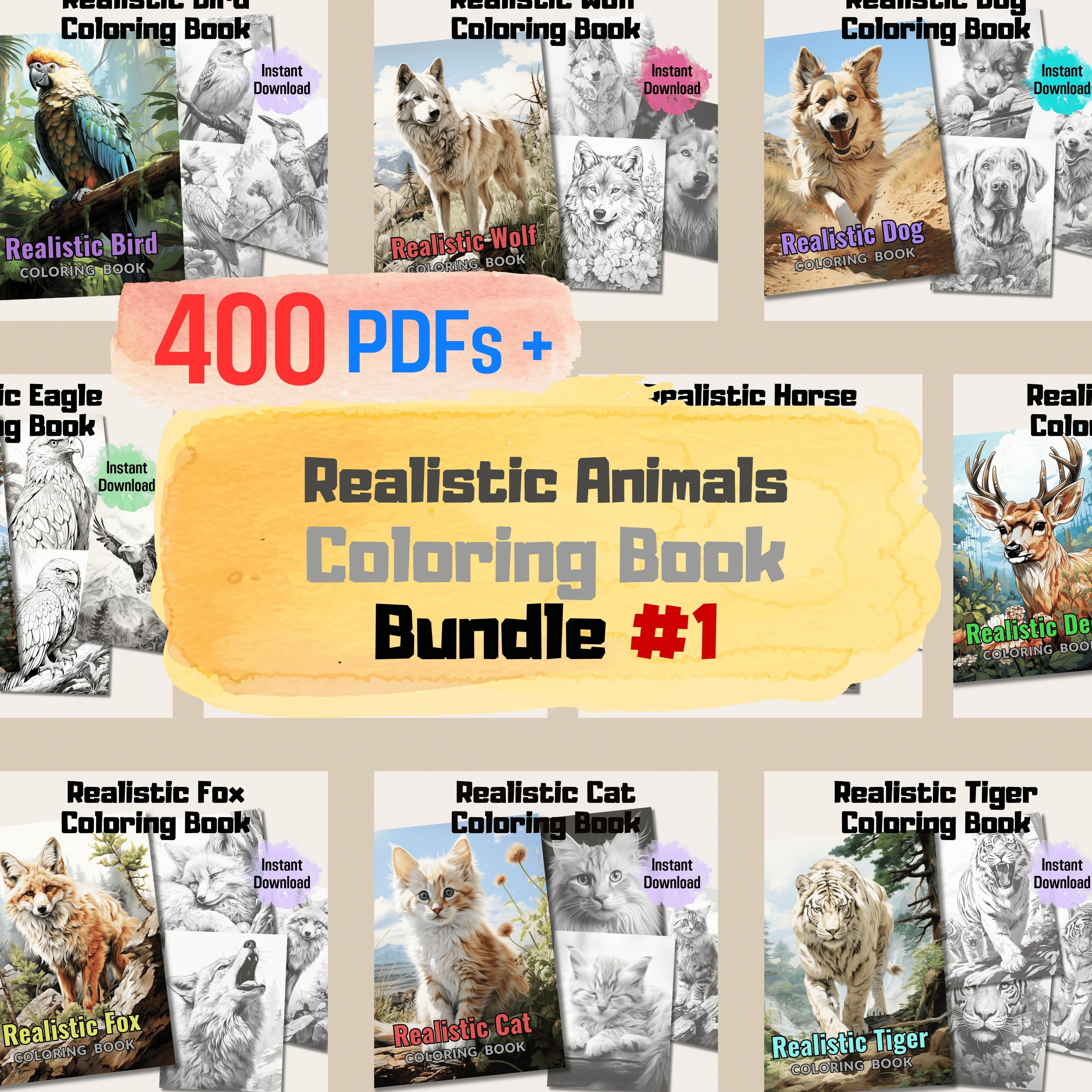 Realistic Animals Coloring Book Bundle, 400 Coloring Pages Bundle 10 ...