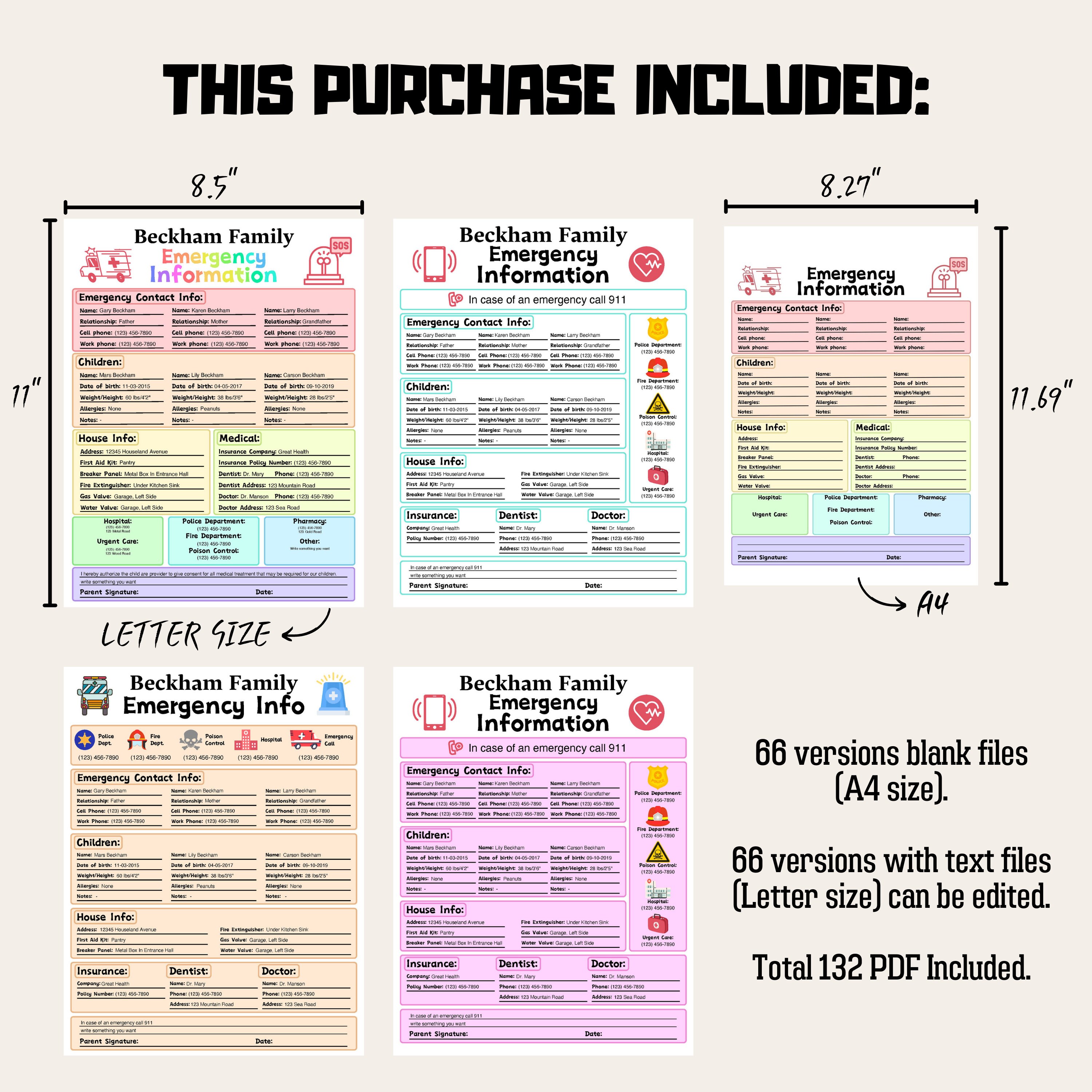 Editable Emergency Information Sheet Bundle All Color Set in Case of ...