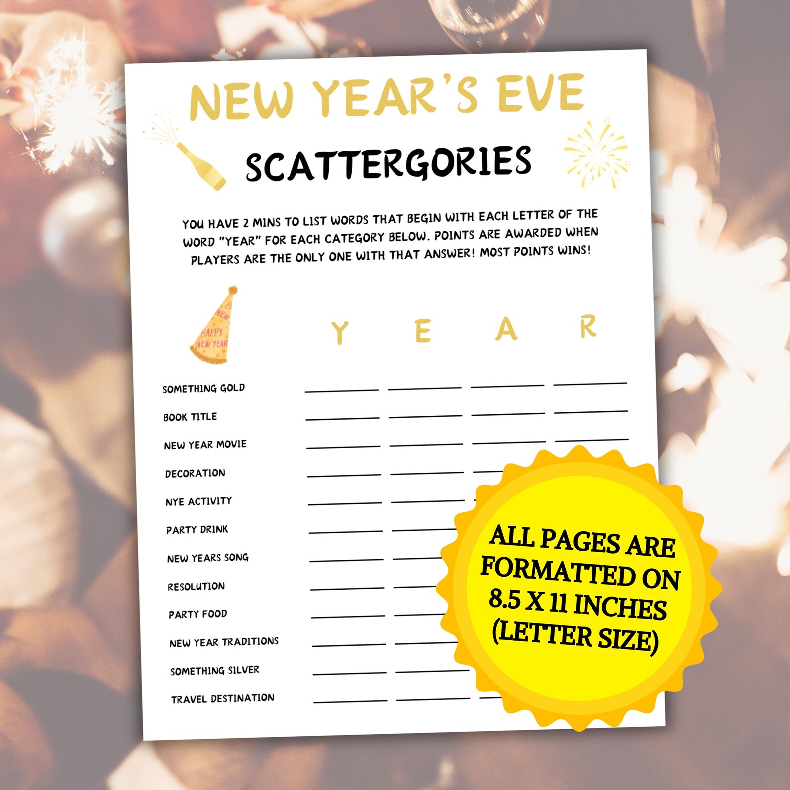 New Year's Eve Scattergories Game | New Years Think Fast Game | NYE ...