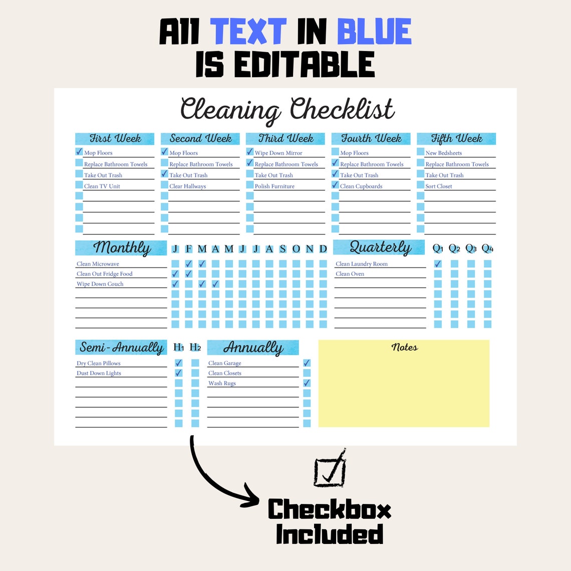 Customizable Printable Cleaning List Cool Color Tone, Weekly Cleaning ...
