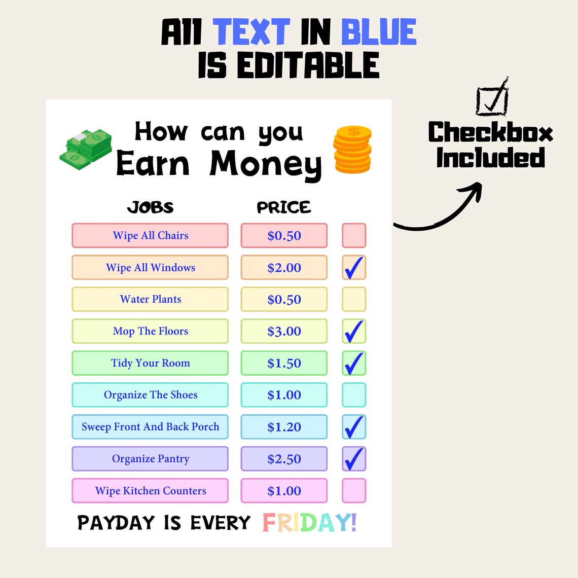 Editable Kids Earn Money Chore Chart Bundle Rainbow Color, Printable ...
