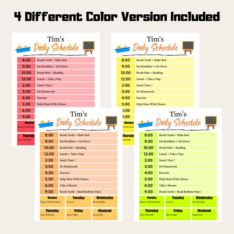 Editable Kids Daily Schedule Template Warm Color Tone, Personalized ...