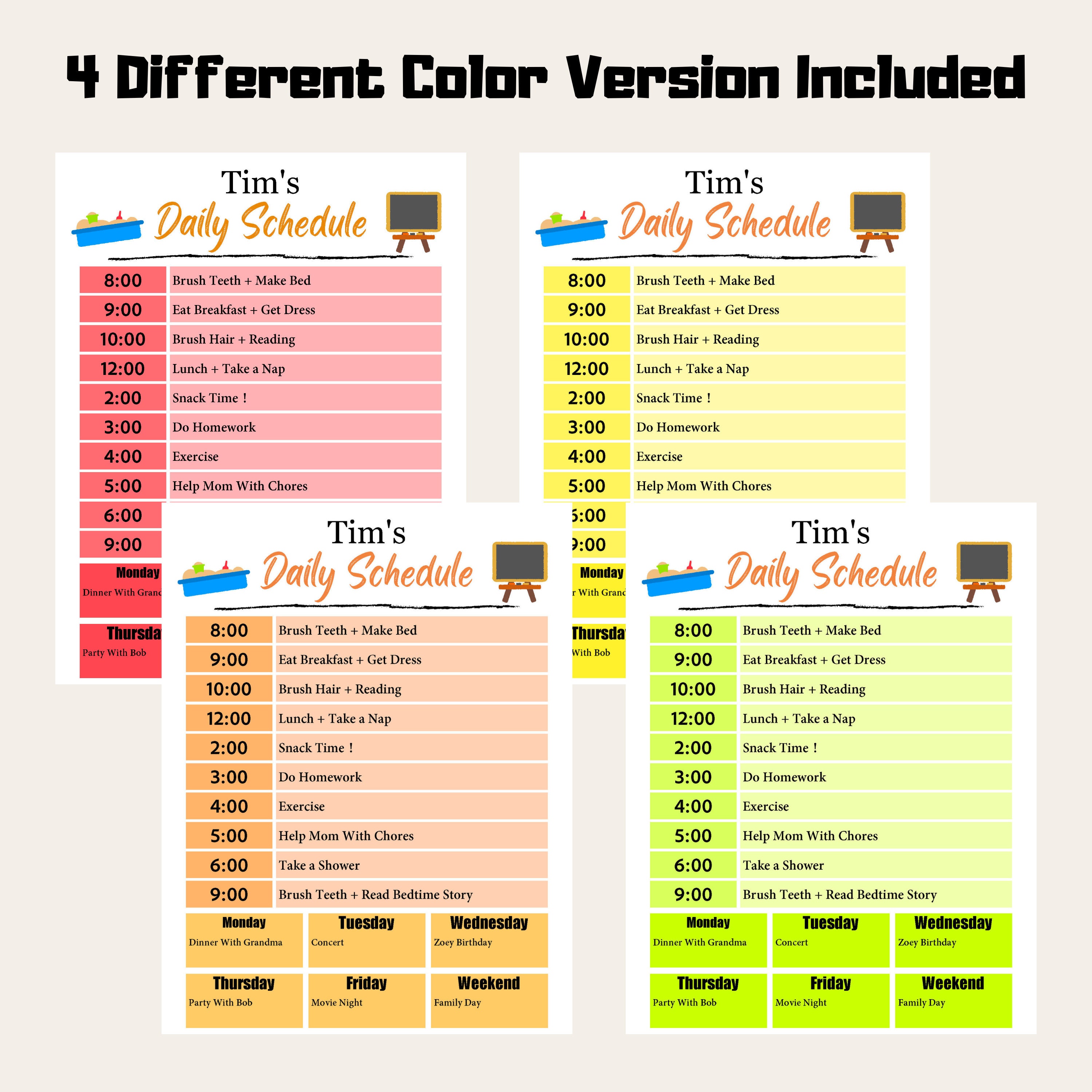 Editable Kids Daily Schedule Template Warm Color Tone, Personalized ...