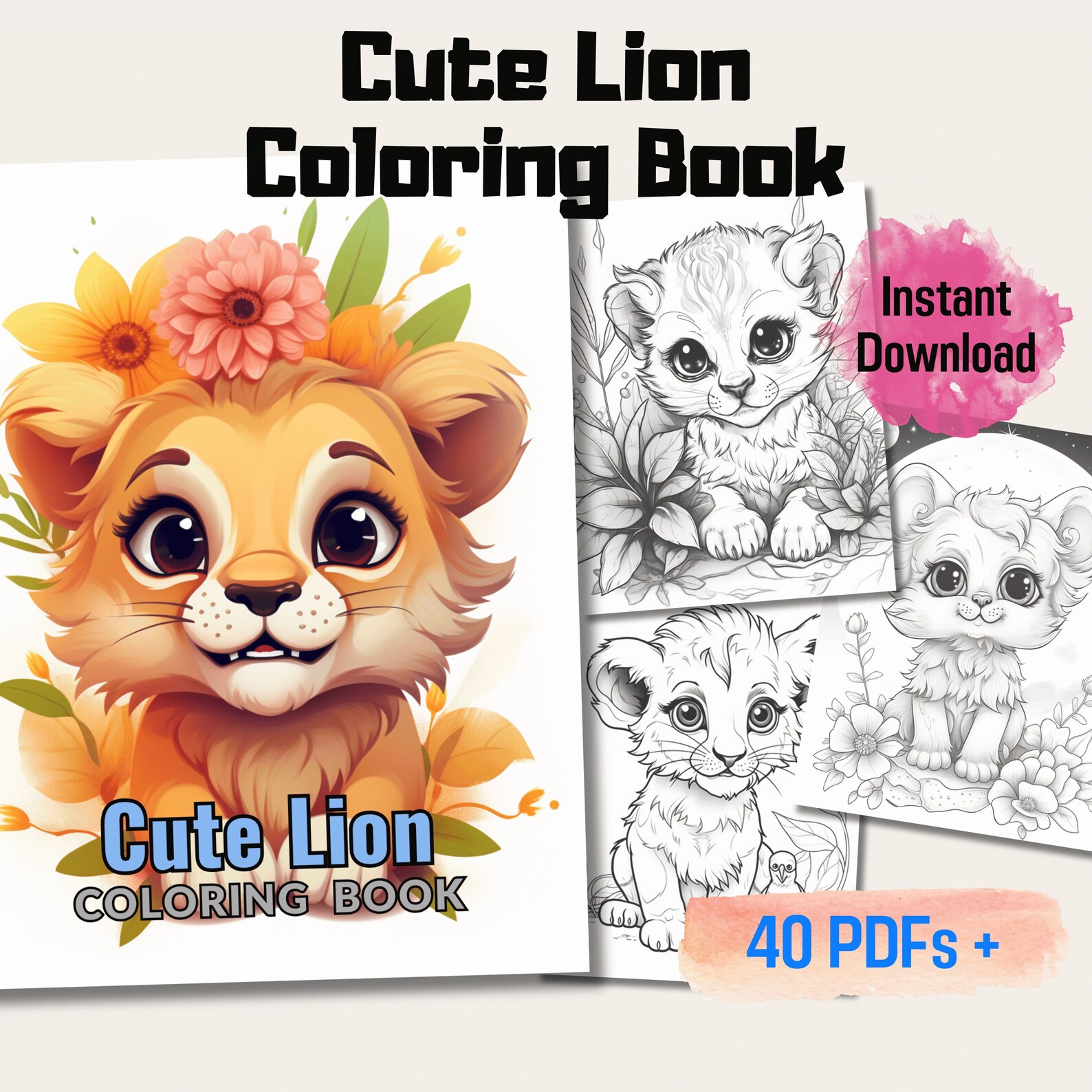 20 Cute Baby Lion Grayscale Coloring Book, Adorable Lion Coloring Pages ...