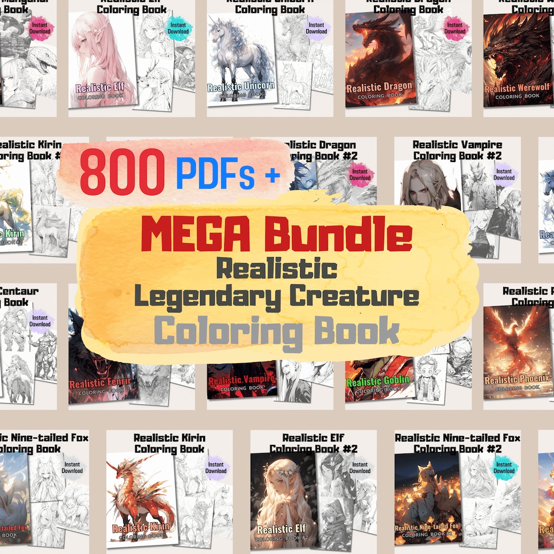 800 Pages Realistic Legendary Creature Grayscale Coloring Book Mega ...
