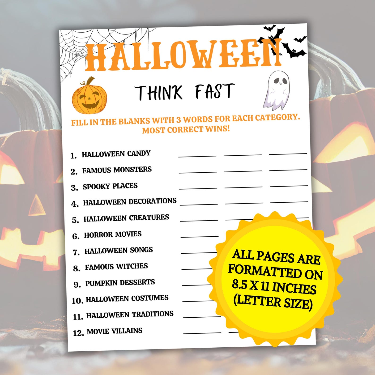 Halloween Think Fast Game | Halloween Trivia Game | Printable Halloween ...