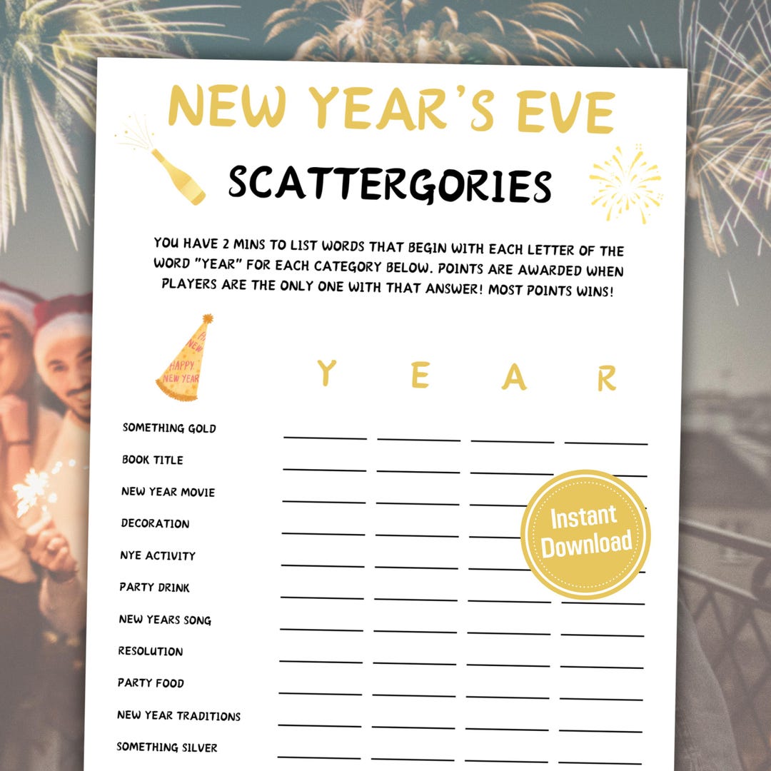 New Year's Eve Scattergories Game | New Years Think Fast Game | NYE ...