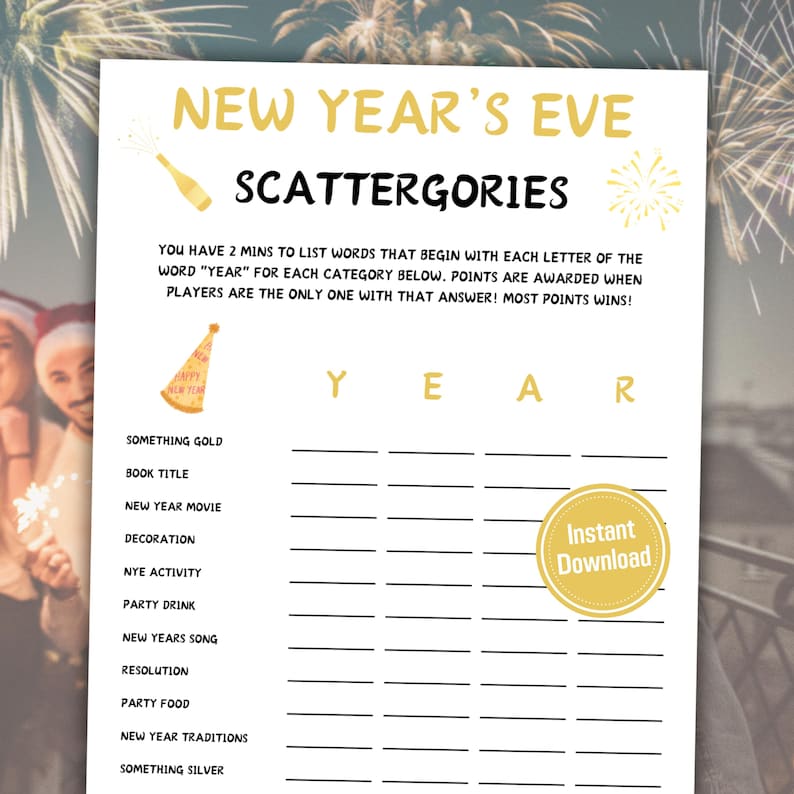New Year's Eve Scattergories Game | New Years Think Fast Game | NYE ...