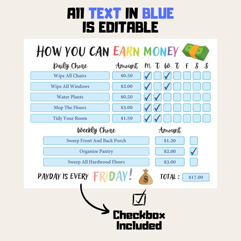 Editable Kids Chore Chart for Earning Money Cool Color Tone Editable ...