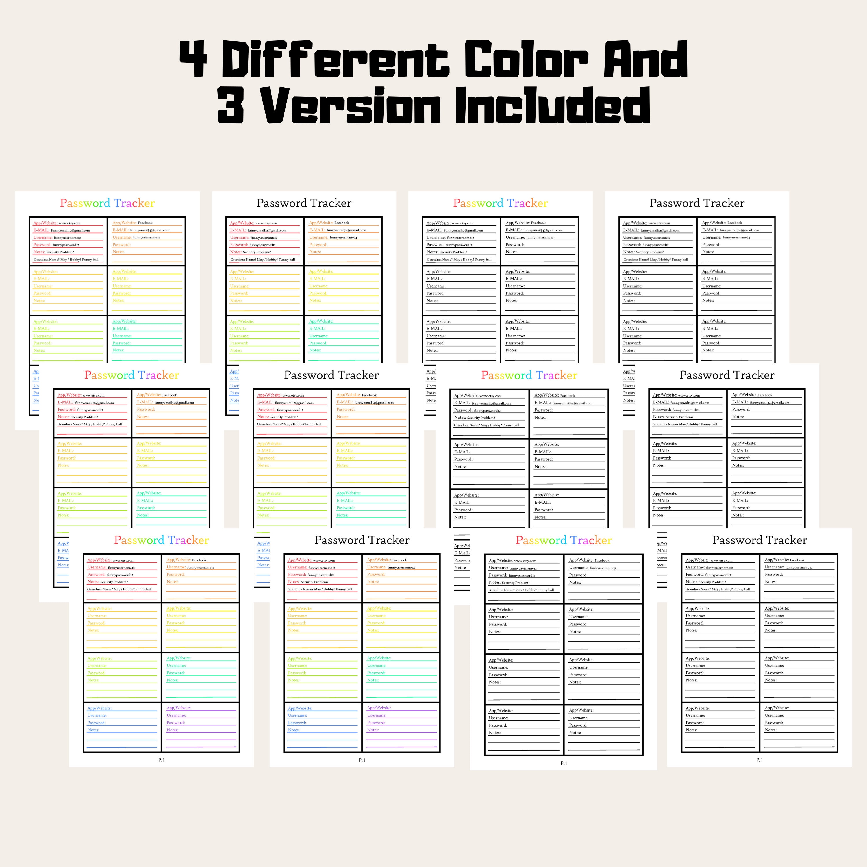 Editable Password Tracker Printable Rainbow Color Password Book ...