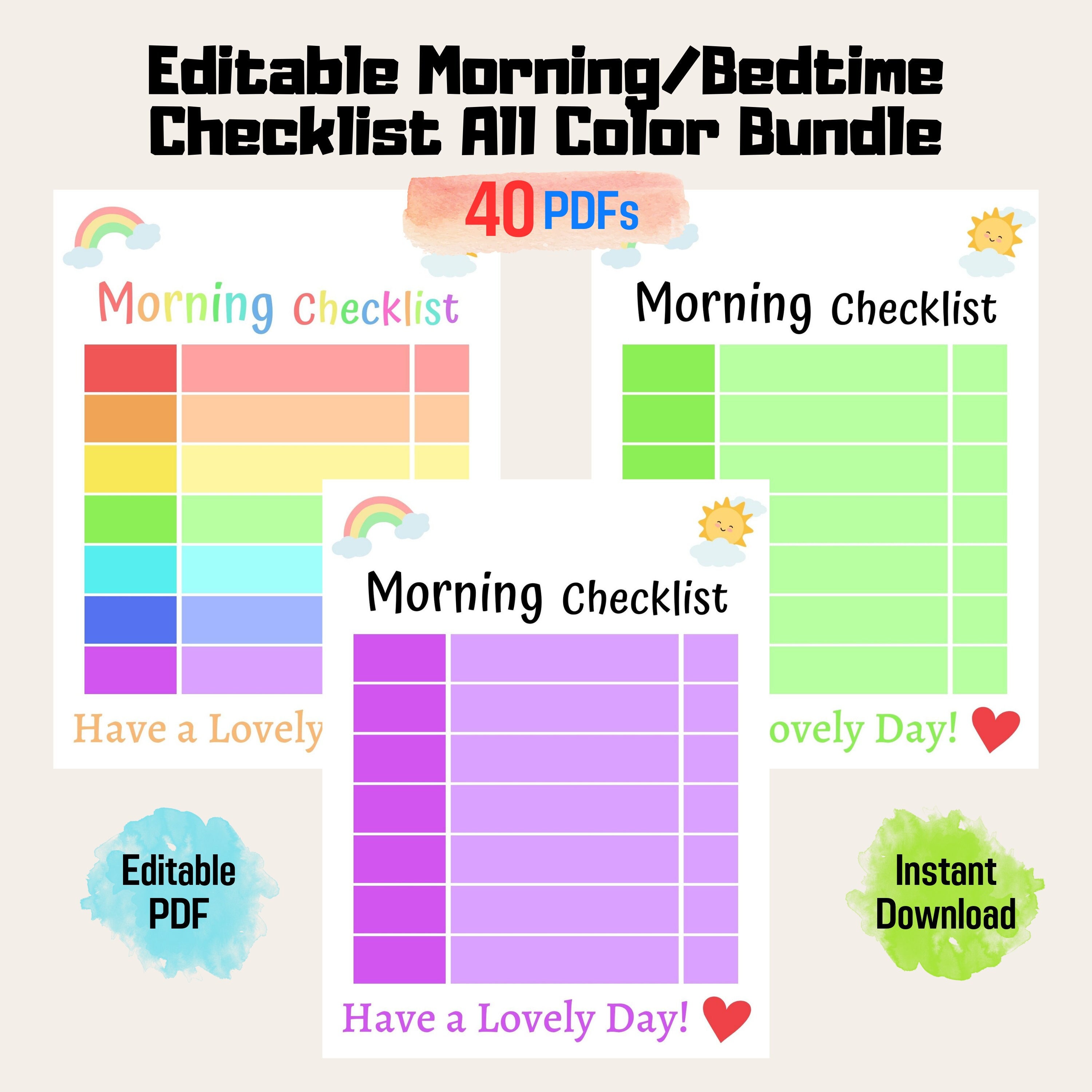 Editable Morning and Bedtime Checklist All Color Bundle Kids Routine ...