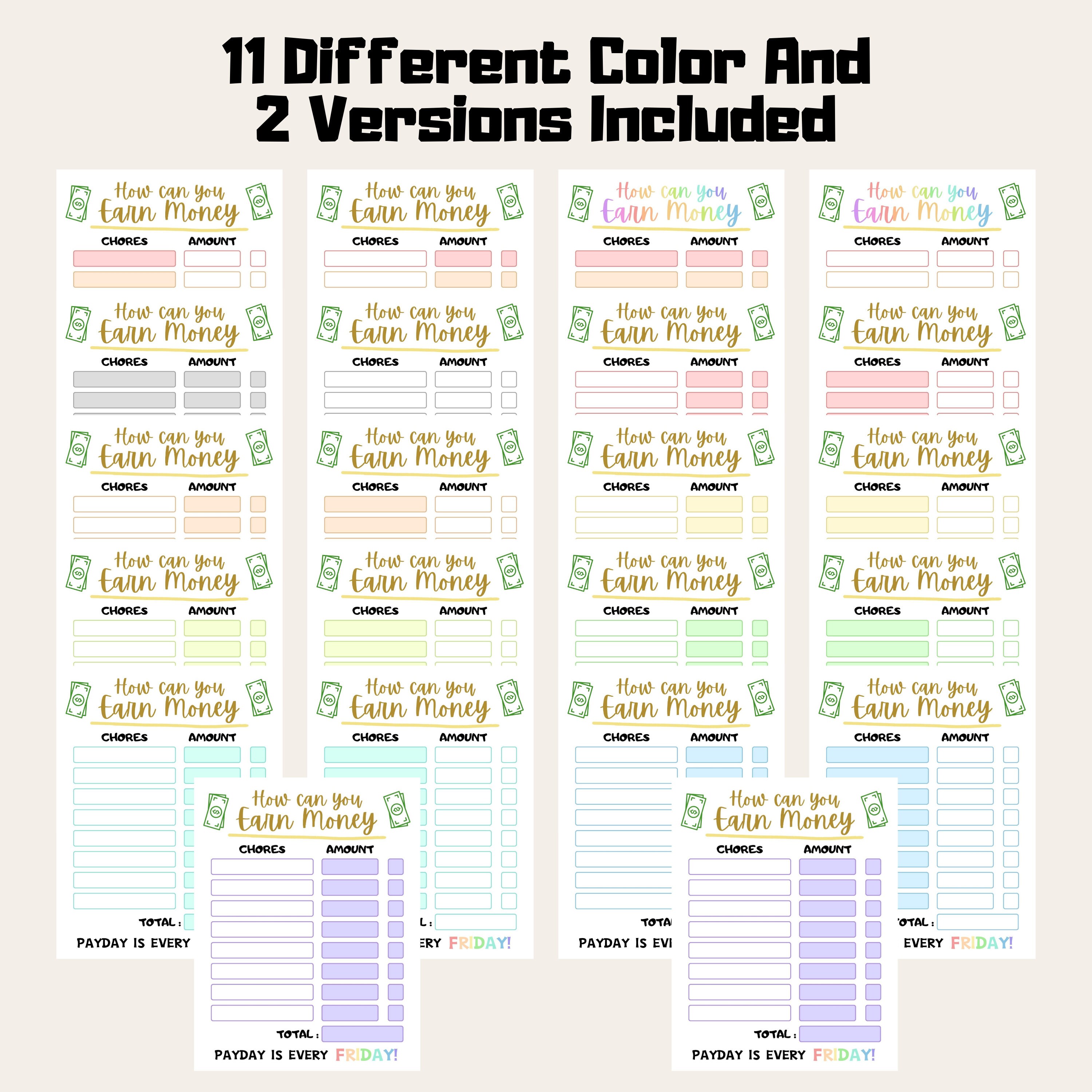 Editable Kids Earn Money Chore Chart All Color Bundle Editable ...