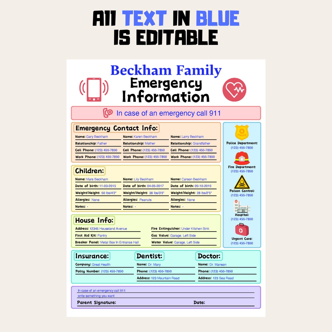 Printable Emergency Information Sheet Rainbow Color in Case of ...