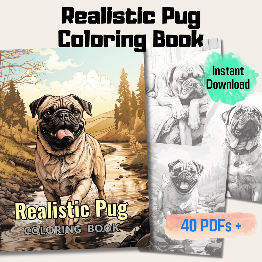 Realistic Pug Coloring Book, 20 Pugs Grayscale Coloring Pages for All ...
