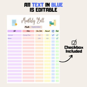 Monthly Bill Payment Tracker Rainbow Color, Expense Tracker, Editable ...