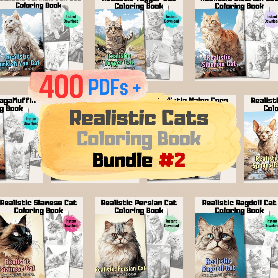 400 Pages Realistic Cats Coloring Book Bundle, 400 Cats Grayscale ...