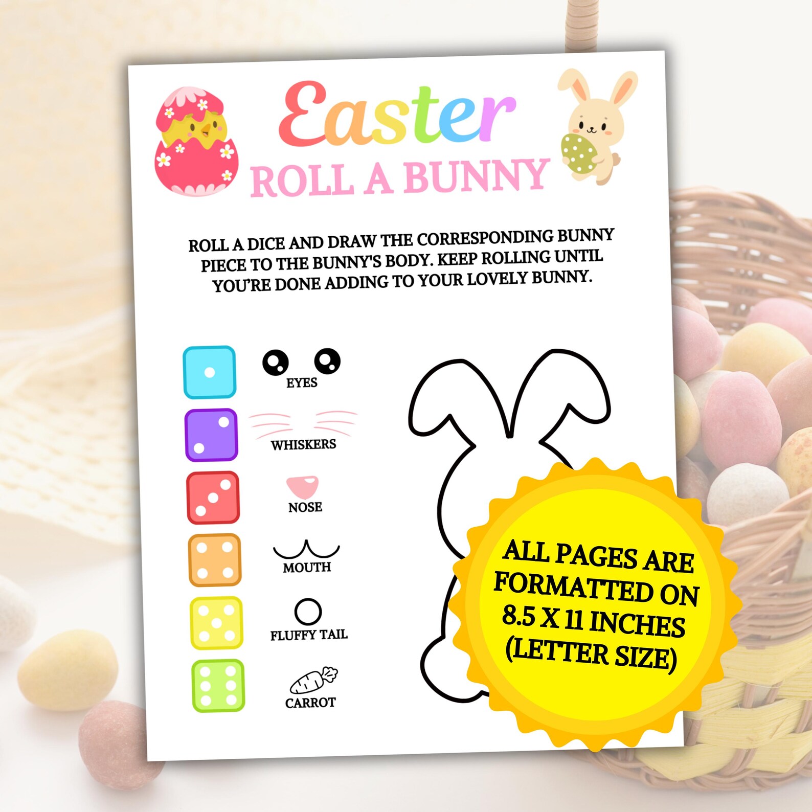 Easter Roll A Bunny Game | Printable Easter Party Cute Bunny Game for ...