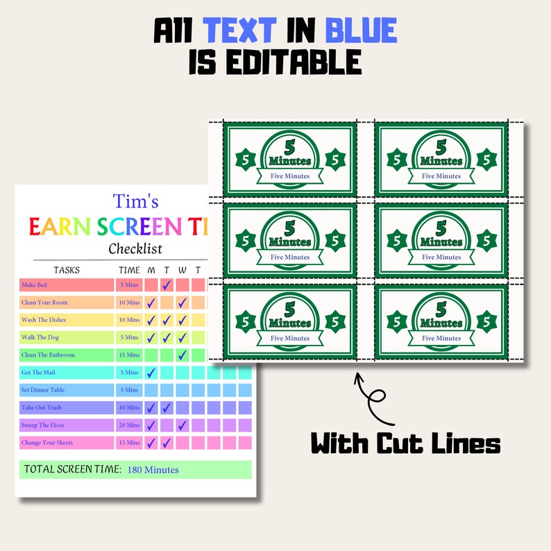 Editable Screen Time Checklist Screen Bucks for Kids & Teens, Daily ...