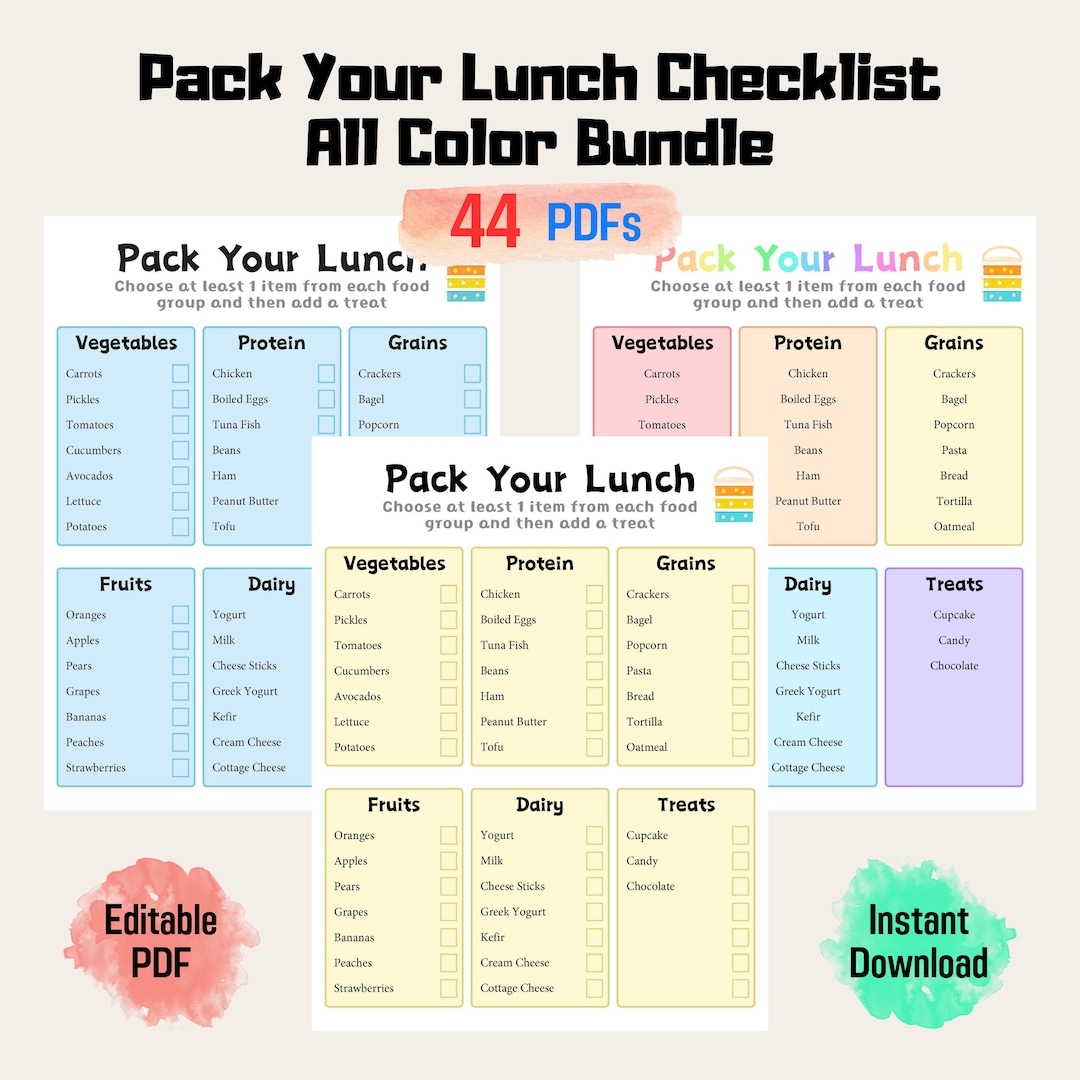 Pack Your Lunch Checklist All Color Bundle | Kids Healthy Food Template ...